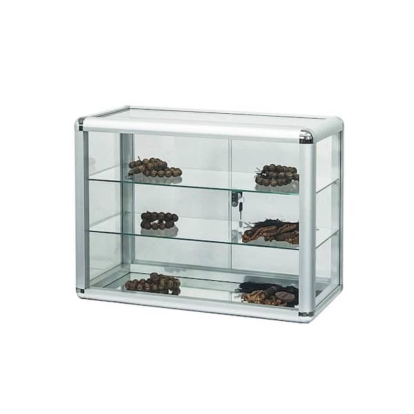 Unbranded 3 Tier Silver Tempered Glass Counter Top Display Cabinet Decorative Box Display Case with Sliding Glass Door and Lock XZ P201223