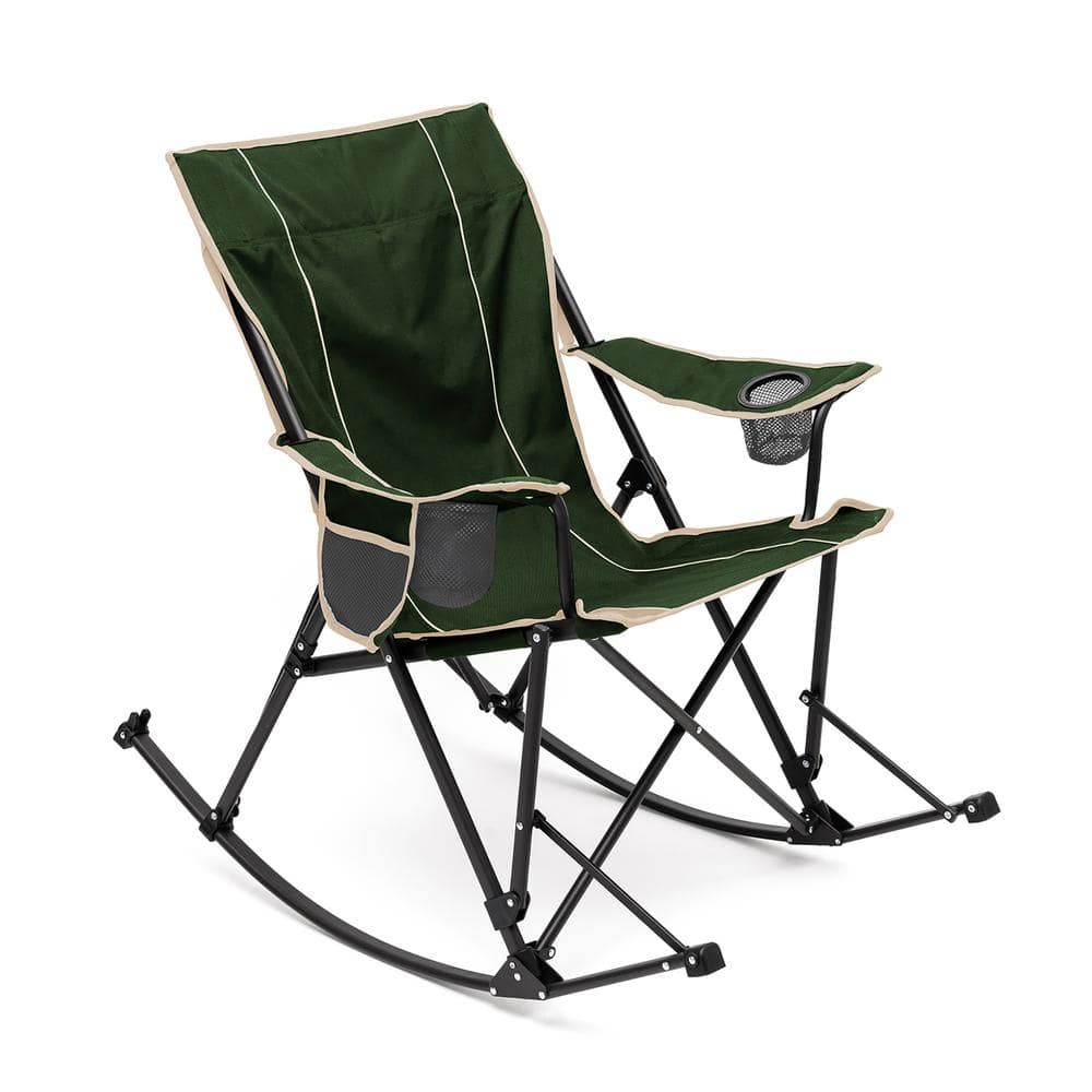 Clihome Outdoor Metal Frame Green Beach Rocking Chair with Side Pocket ...