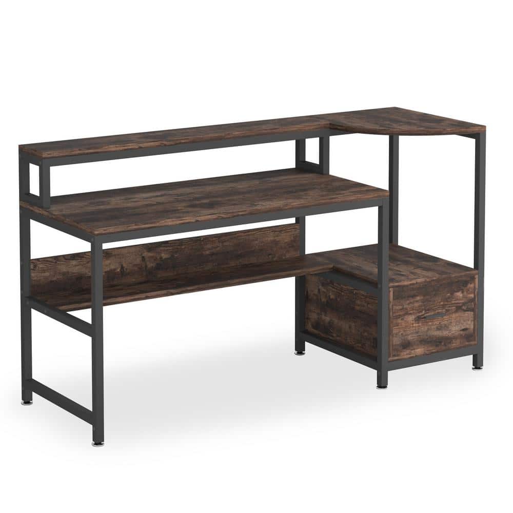 BYBLIGHT Havrvin 63 in. Rectangular Rustic Brown 1-Drawer Computer Desk ...