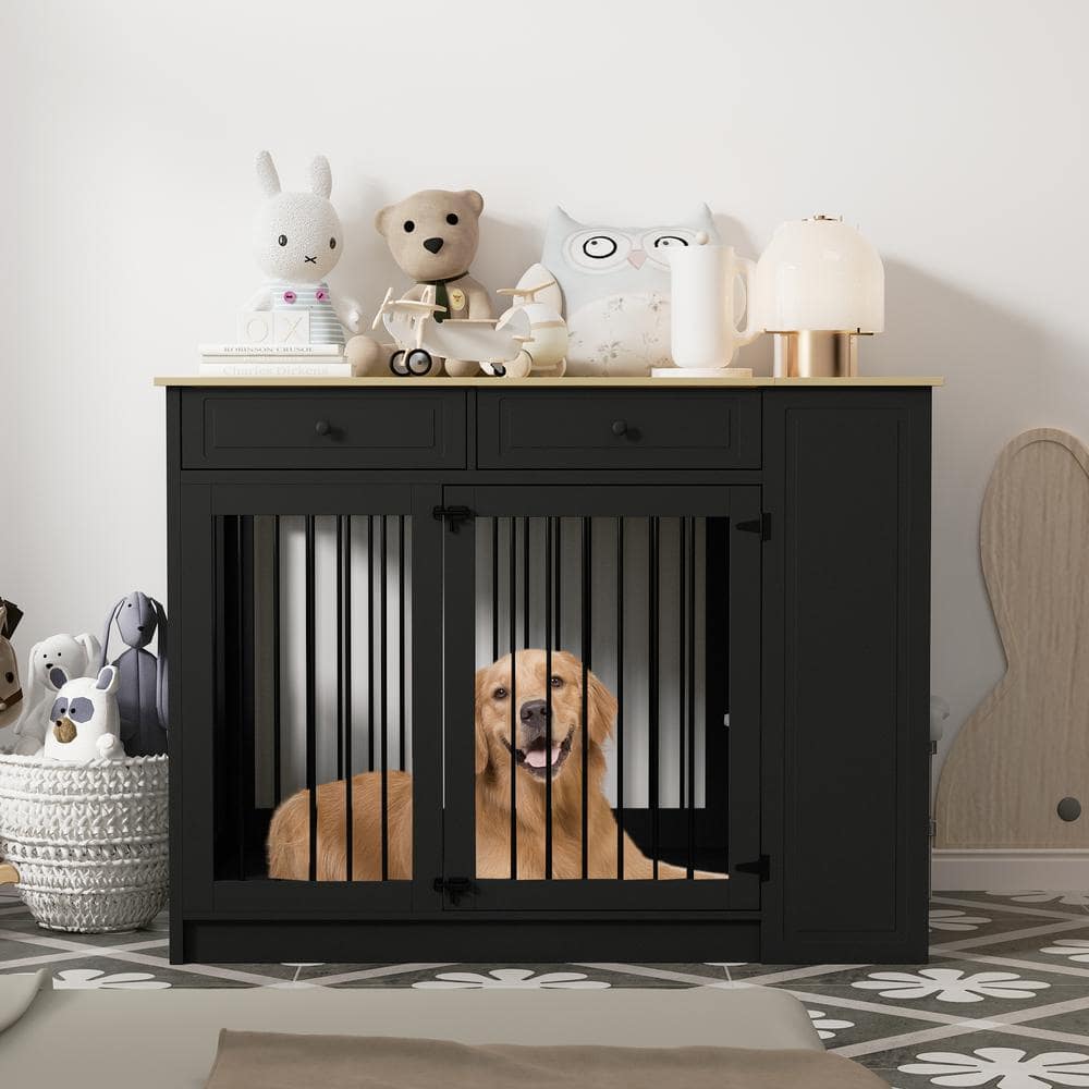 FUFU&GAGA Modern Large Wooden Dog Crate Furniture, Pet Dog Cage with 3 Drawers and 2 Dog Bowls ...