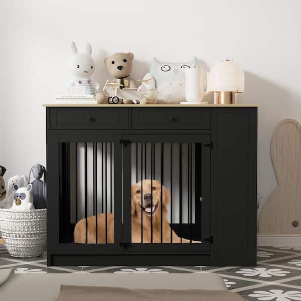 FUFU&GAGA Modern Large Wooden Dog Crate Furniture, Pet Dog Cage with 3 Drawers and 2 Dog Bowls ...