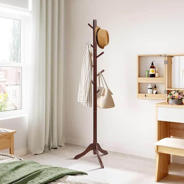 Costway Brown Wooden Coat Rack Stand Entryway Hall Tree 2 Adjustable Height with 8 Hooks QD 65612WF
