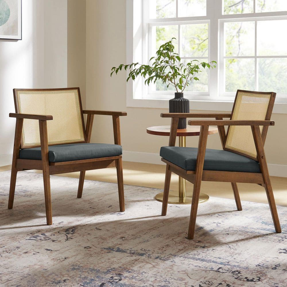 MODWAY Thera Vegan Leather and Cane Accent Armchairs Set of 2 in Walnut ...