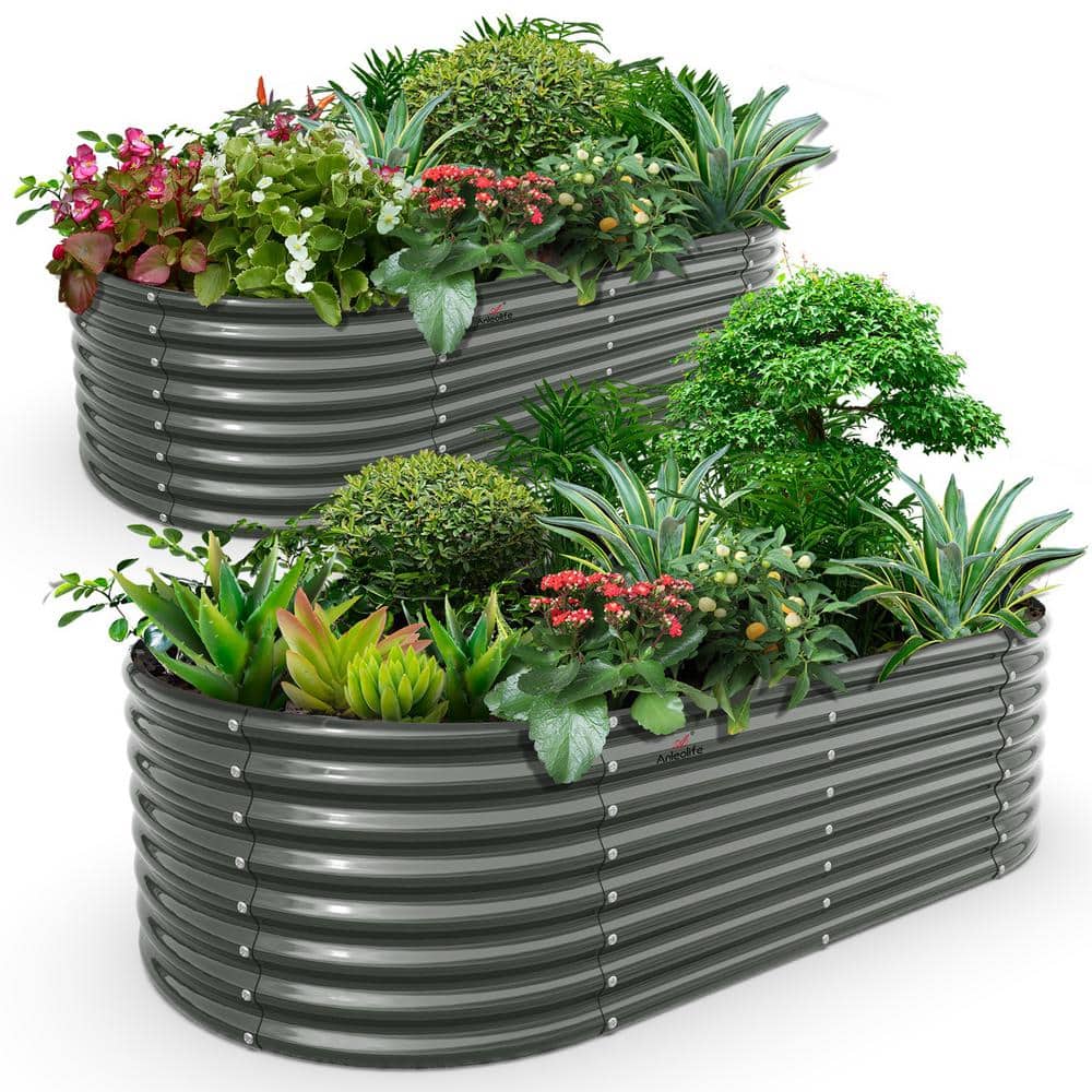 Cesicia 2-Pieces Gray Galvanized Steel Raised Garden Bed Oval Above ...