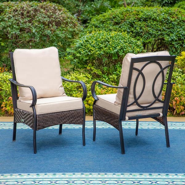 7 Piece Metal Patio Outdoor Dining Set with Brown Rectangle Table and Chairs with Beige Cushions