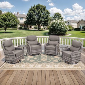 Bellefurn Circle Brown 5-Piece Wicker Patio Swivel Glider Conversation Set with 6-in Thick Navy ...