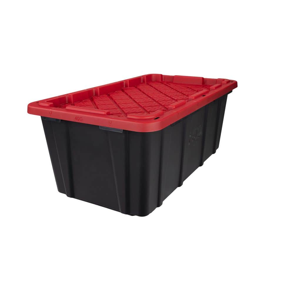 HDX 40 Gal. Tough Storage Tote in Black with Red Lid 999-40G-HDX-R ...