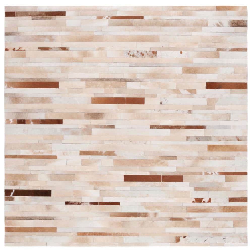 SAFAVIEH Studio Leather Tan Ivory 6 ft. x 6 ft. Striped Abstract Square ...