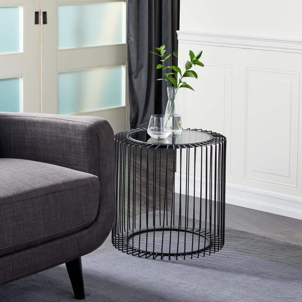 Litton Lane 20 in. Black Open Wire Frame Medium Round Glass End Table ...