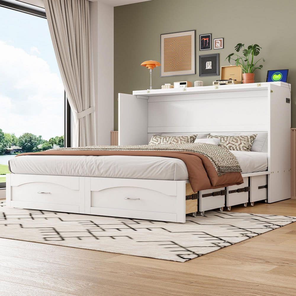 Harper & Bright Designs White Wood Frame Queen Size Murphy Bed with ...