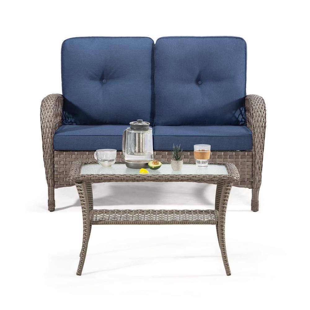 Zeus & Ruta 2-Piece Brown Wicker Patio Conversation Set with Blue ...