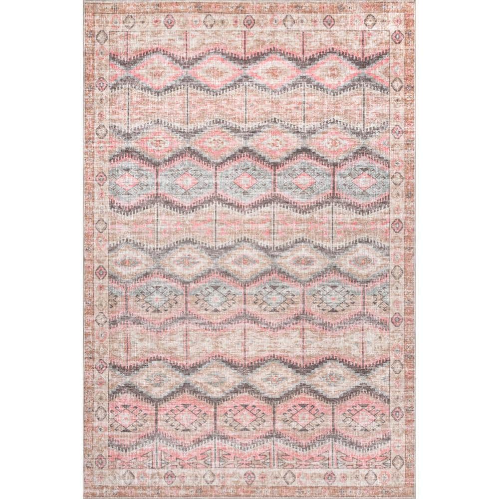 nuLOOM Roselle Bohemian Bordered Machine Washable Peach 8 ft. x 10 ft ...