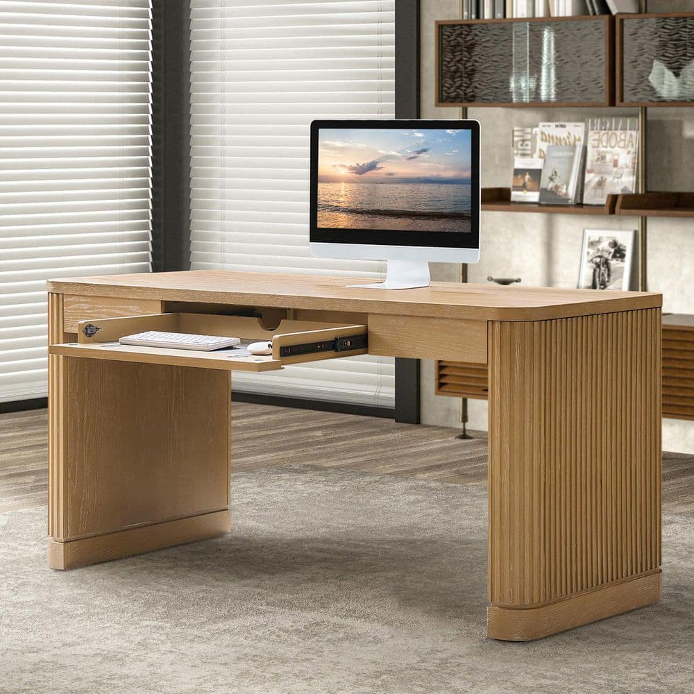 JAYDEN CREATION Aurea 60 in. Seadrift Solid Wood Base Fluted Desk with ...