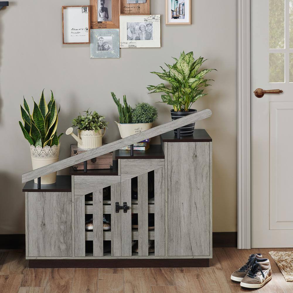 Furniture of America Elias Vintage Gray Novelty Staircase Shoe Cabinet With Window Panel Doors FGI 1867C35 The Home Depot