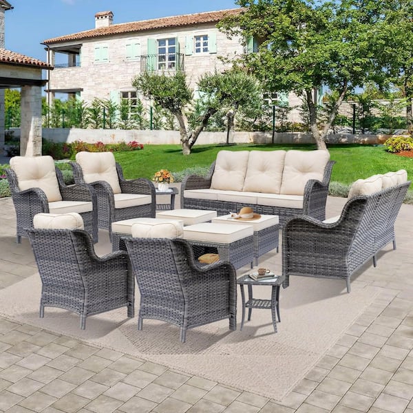 DWIOM Gray 12-Piece Wicker Patio Furniture Set Outdoor Rattan Sofa ...