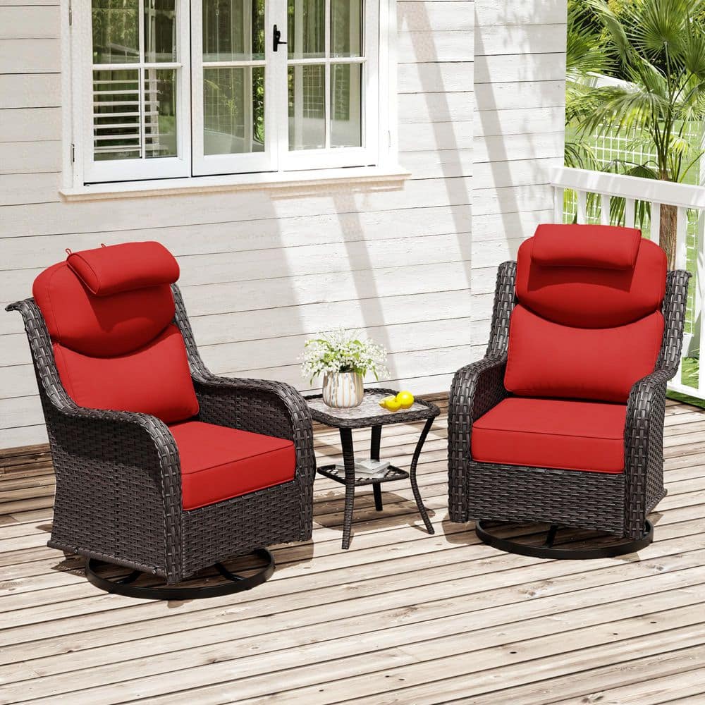 Gardenbee 3-Piece Brown Wicker Outdoor Rocking Chairs Set with Headrest ...