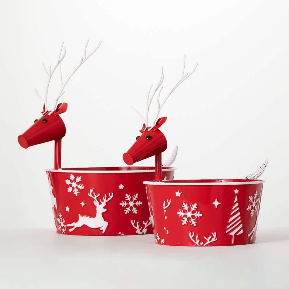 SULLIVANS 15.5 in. and 18 in. Embellished Red Reindeer Christmas Pots ...
