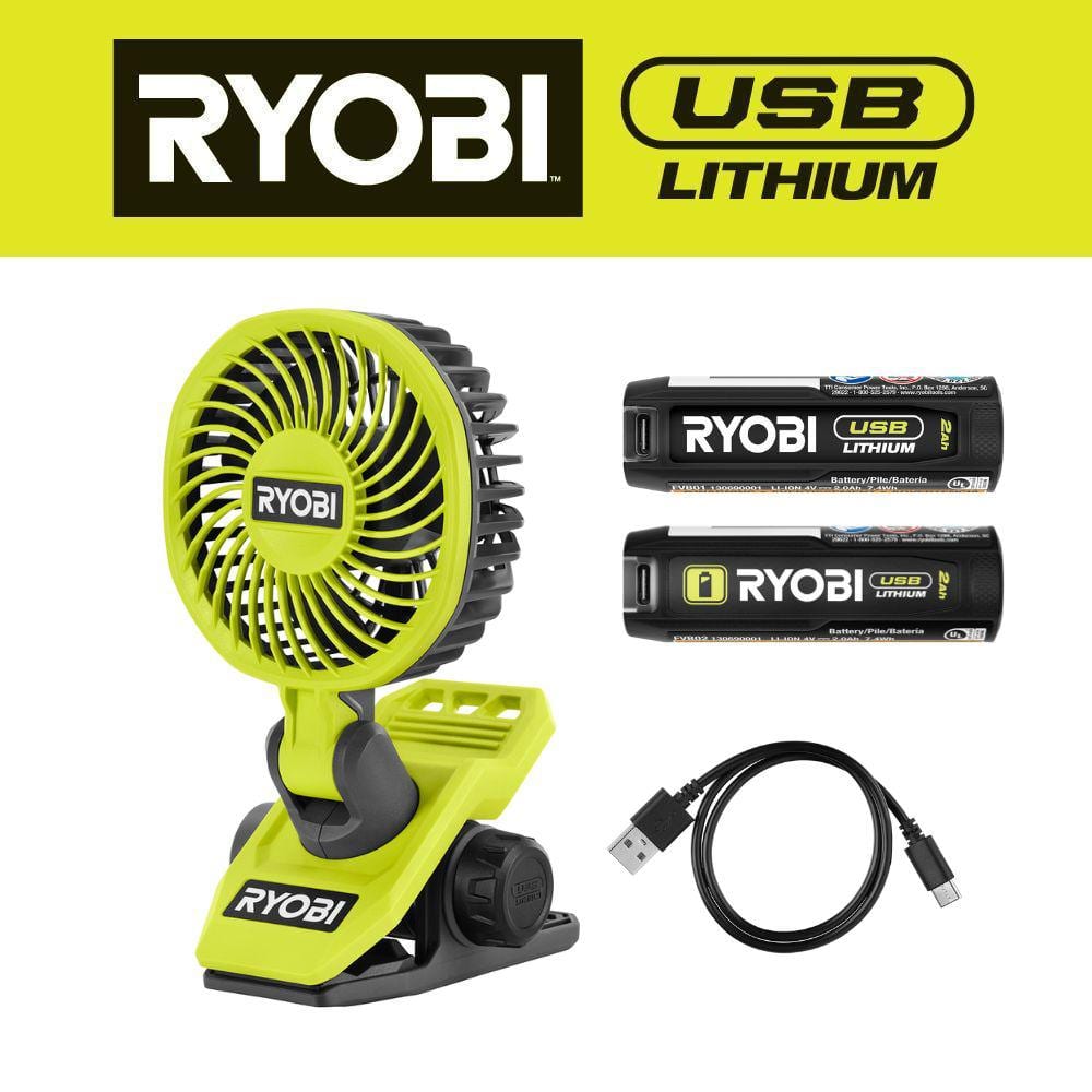 RYOBI USB Lithium Clamp Fan Kit with USB Lithium 2.0 Ah Lithium ...