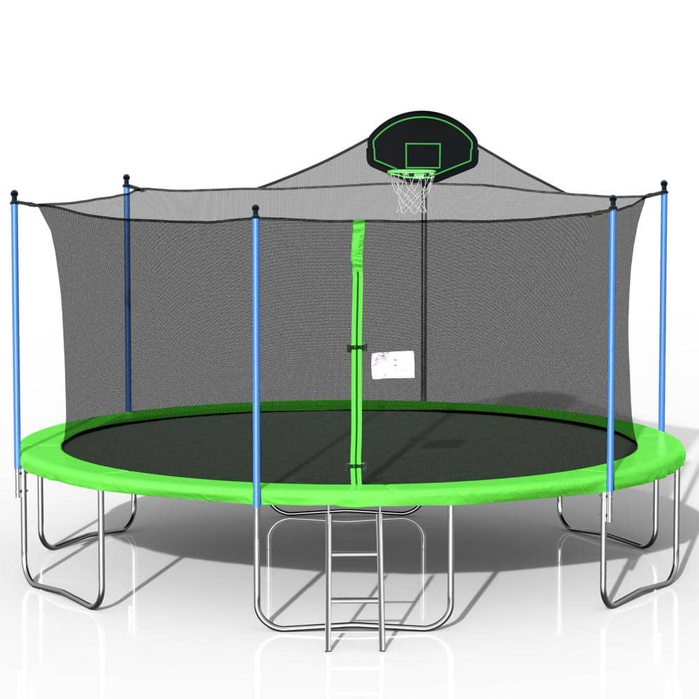 Sudzendf 16 ft. Green Trampoline with Enclosures and Backboard ...