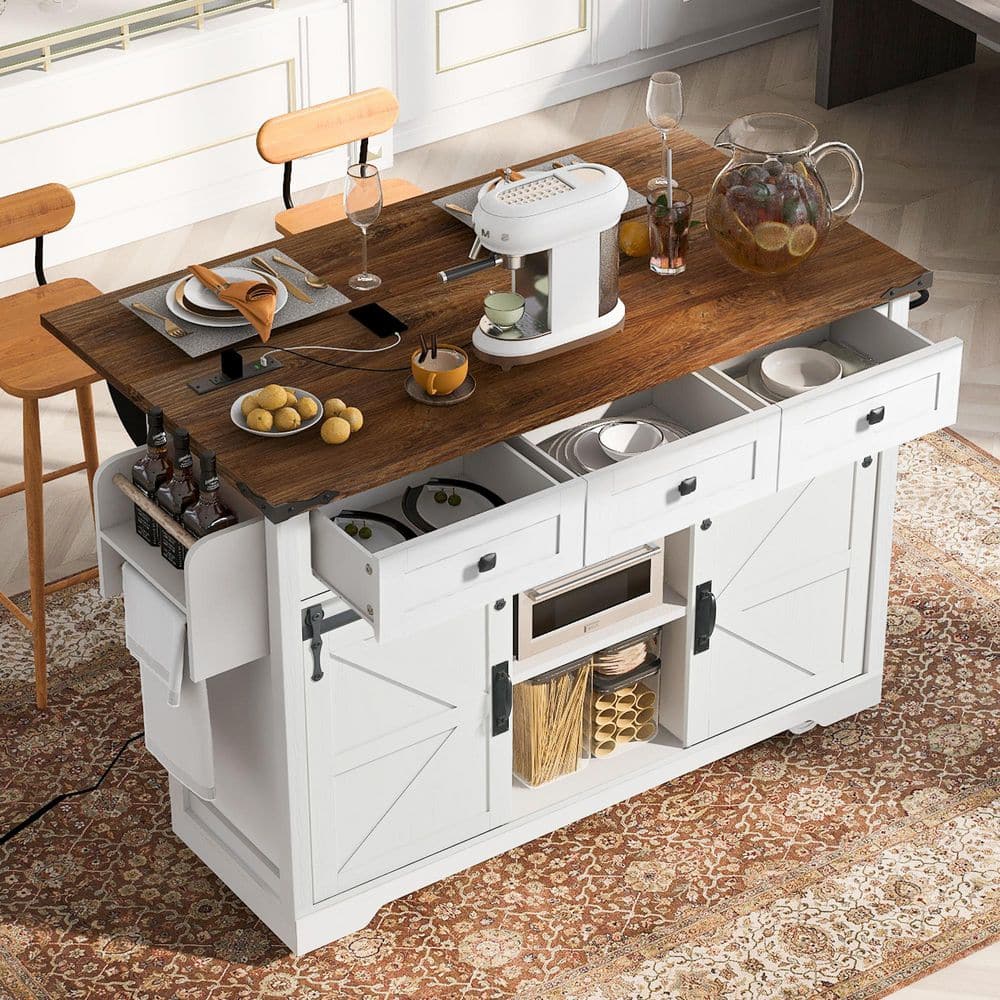 Coporesell White Rubber Wood Kitchen Cart with Drop Leaf and Power ...