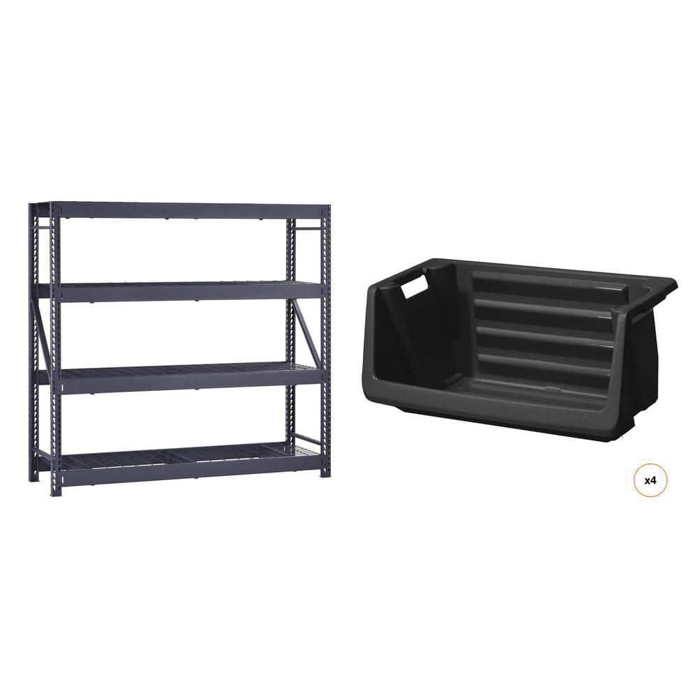 Husky 77 in. W 4-Shelf Black Metal Shelving Unit, 55 Gal. Stackable ...