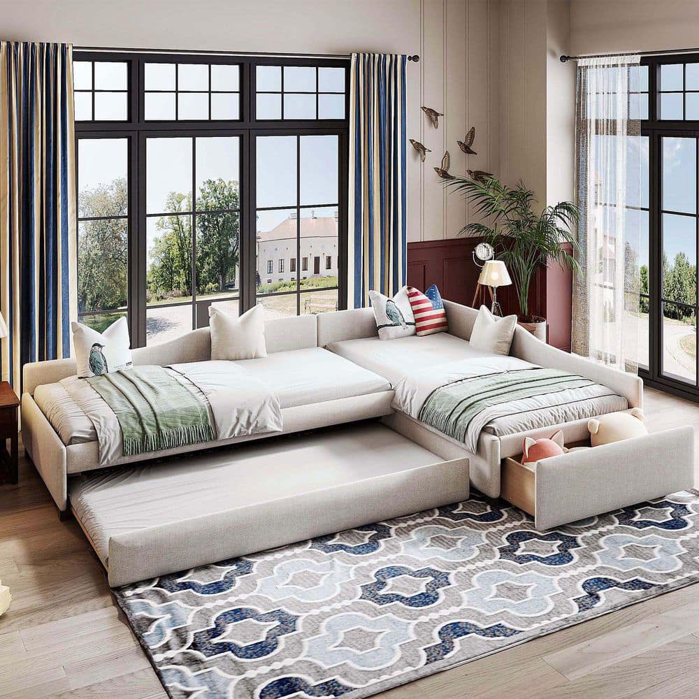 Seafuloy Upholstered Beige Twin Daybed with Trundle and Drawer ...