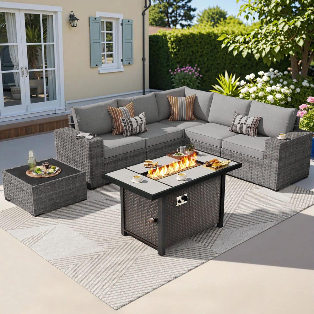 OVIOS Bissty Gray 7-Piece Wicker Wide Arm Patio Fire Pit Conversation ...
