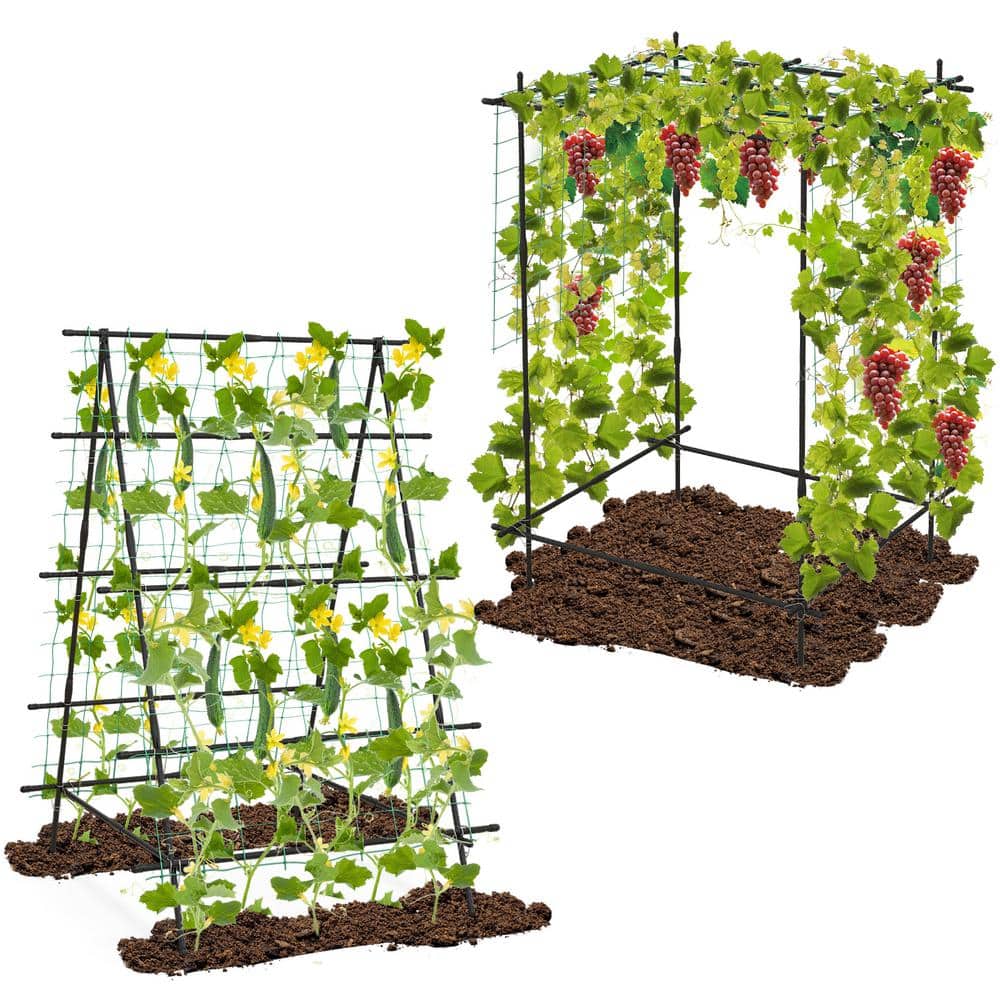 ANGELES HOME 60 in. Metal A-Frame Garden Cucumber Trellis with Netting ...
