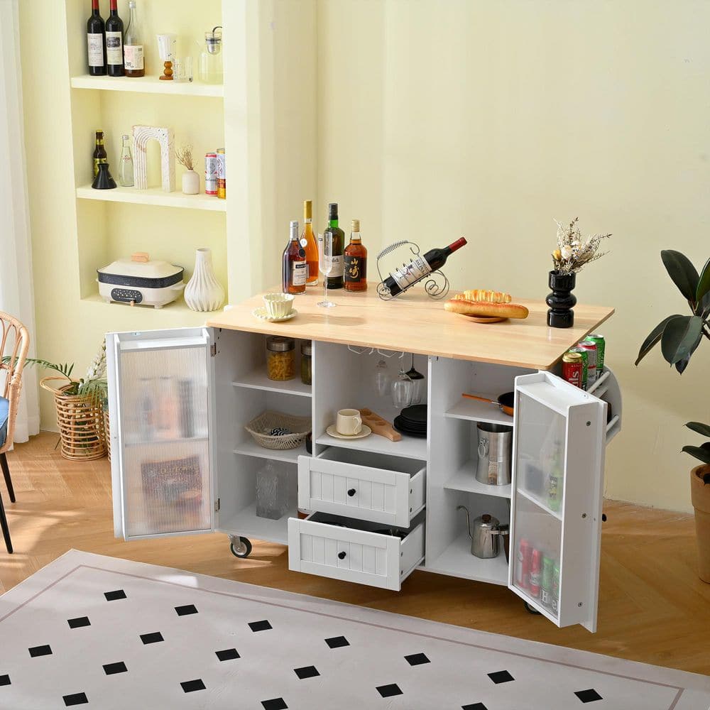 Noble House Eunice Indoor Ivory White Wood Kitchen Cart with 2 Door ...