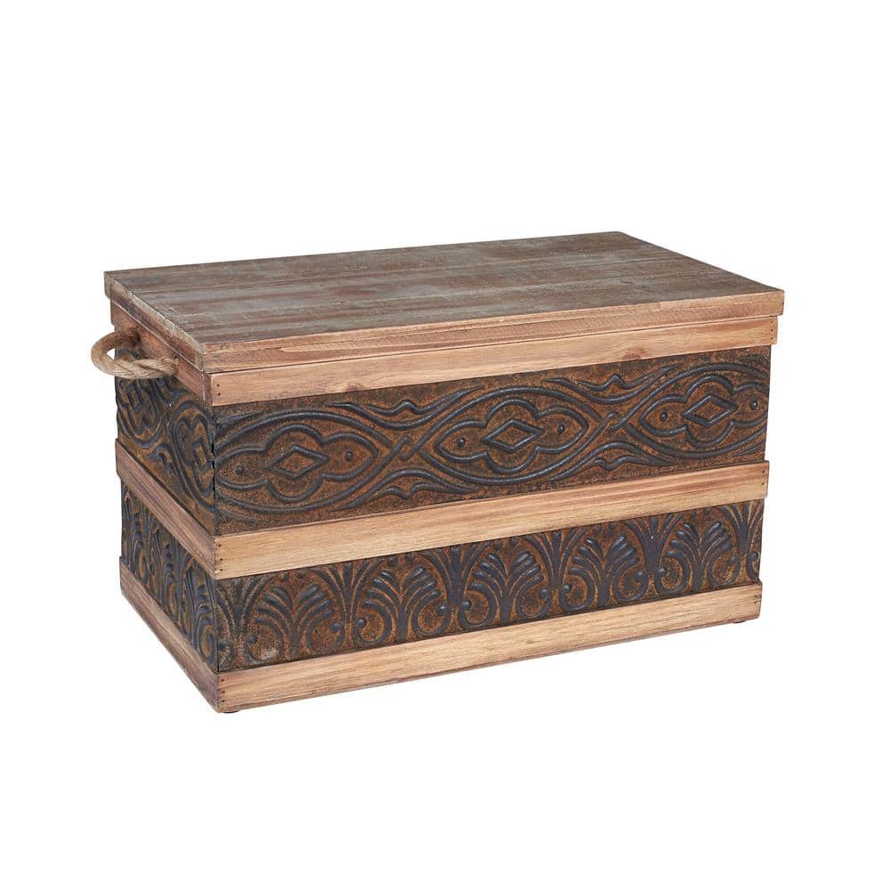 HOUSEHOLD ESSENTIALS Decorative Trunk, Embossed Metal, Small, Walnut ...