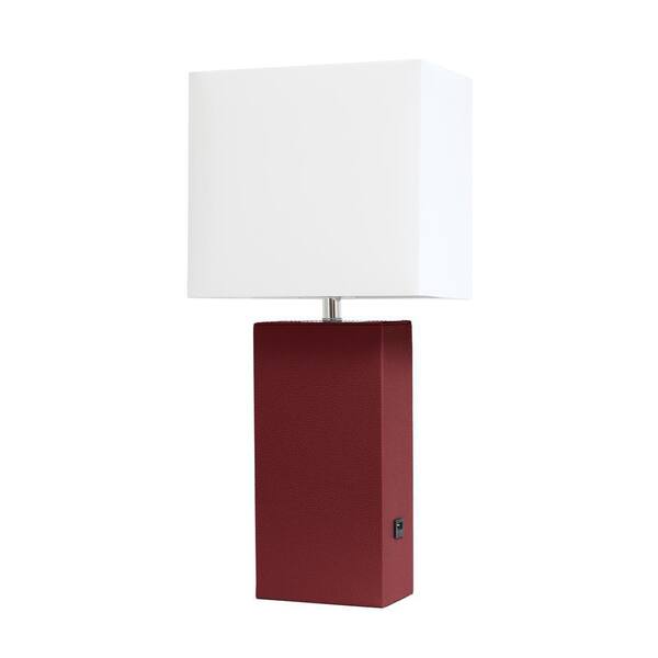 Elegant Designs 21 in. Red Modern Leather Table Lamp with USB and White ...