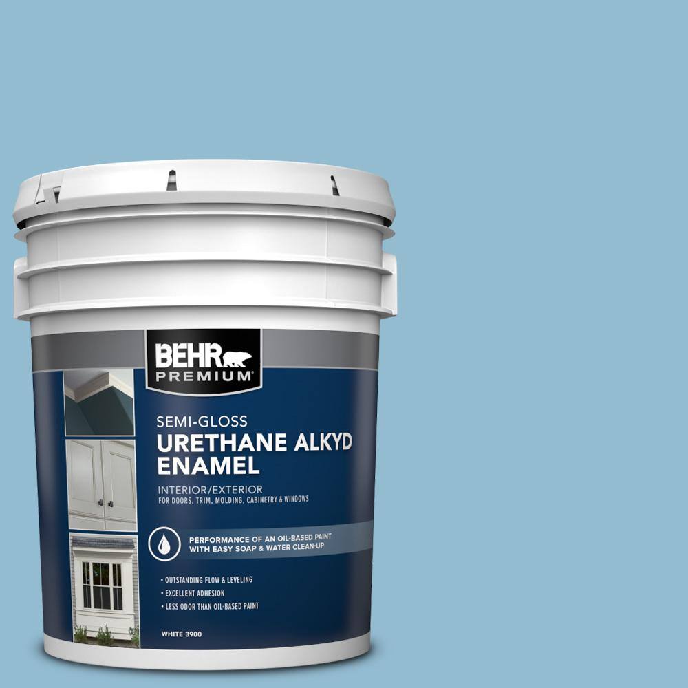 BEHR PREMIUM 5 gal. #S490-3 Reef Blue Urethane Alkyd Semi-Gloss Enamel ...