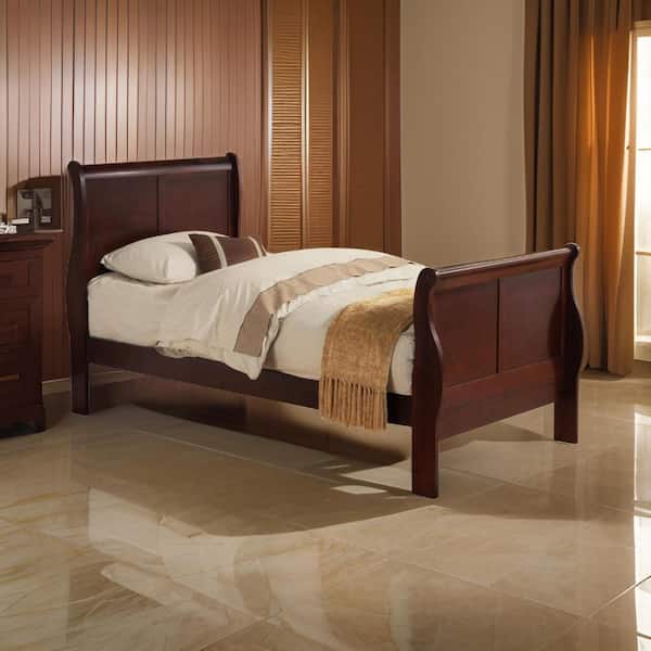 Benjara Modern Cherry Brown Twin Wood Frame Sleigh Bed with Panel ...