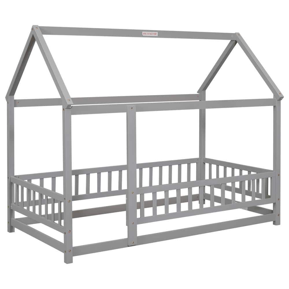 URTR Gray Twin Size Wood House Floor Bed with Fence Guardrails ...