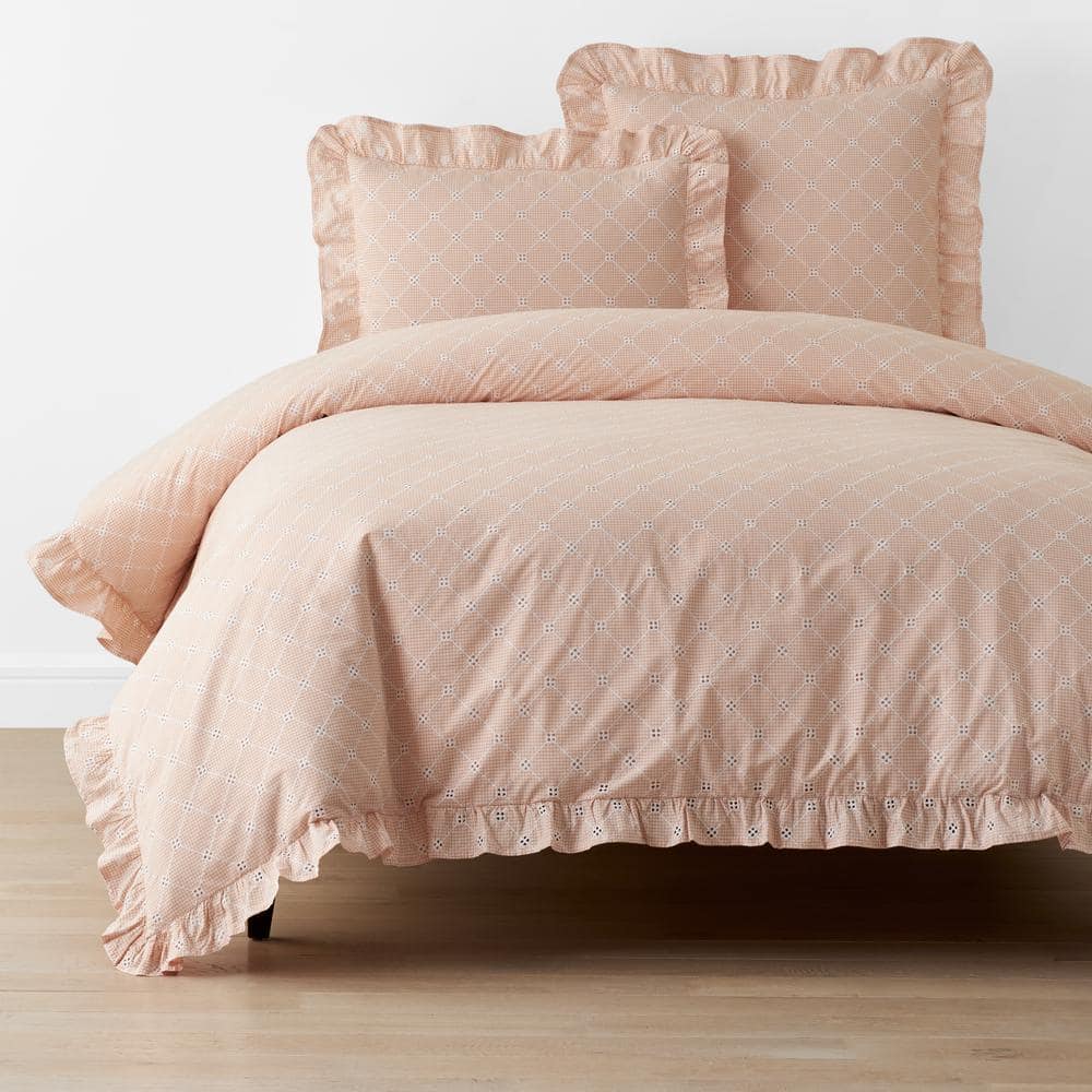The Company Store Company Cotton Eyelet Ruffle Yarn-Dyed Peach Queen Cotton Percale Duvet Cover ...