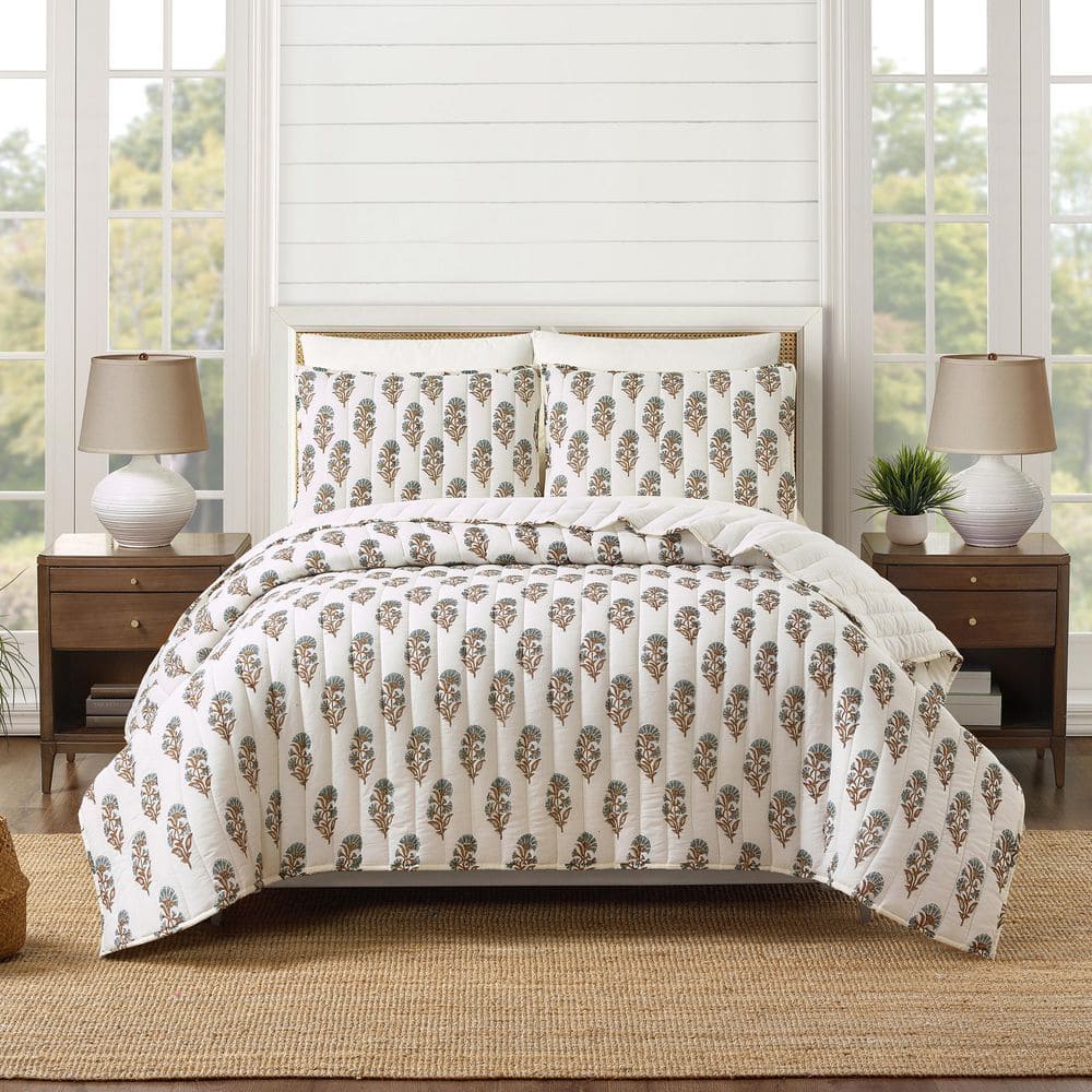 LAUREL & MAYFAIR Mughal Flower 3-Piece Cream Block Print Cotton Voile ...
