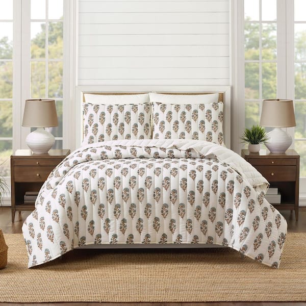 LAUREL & MAYFAIR Mughal Flower 3-Piece Cream Block Print Cotton Voile ...