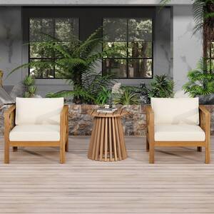 3-Piece Outdoor Wood Patio Conversation Set with Removable Cushion ...