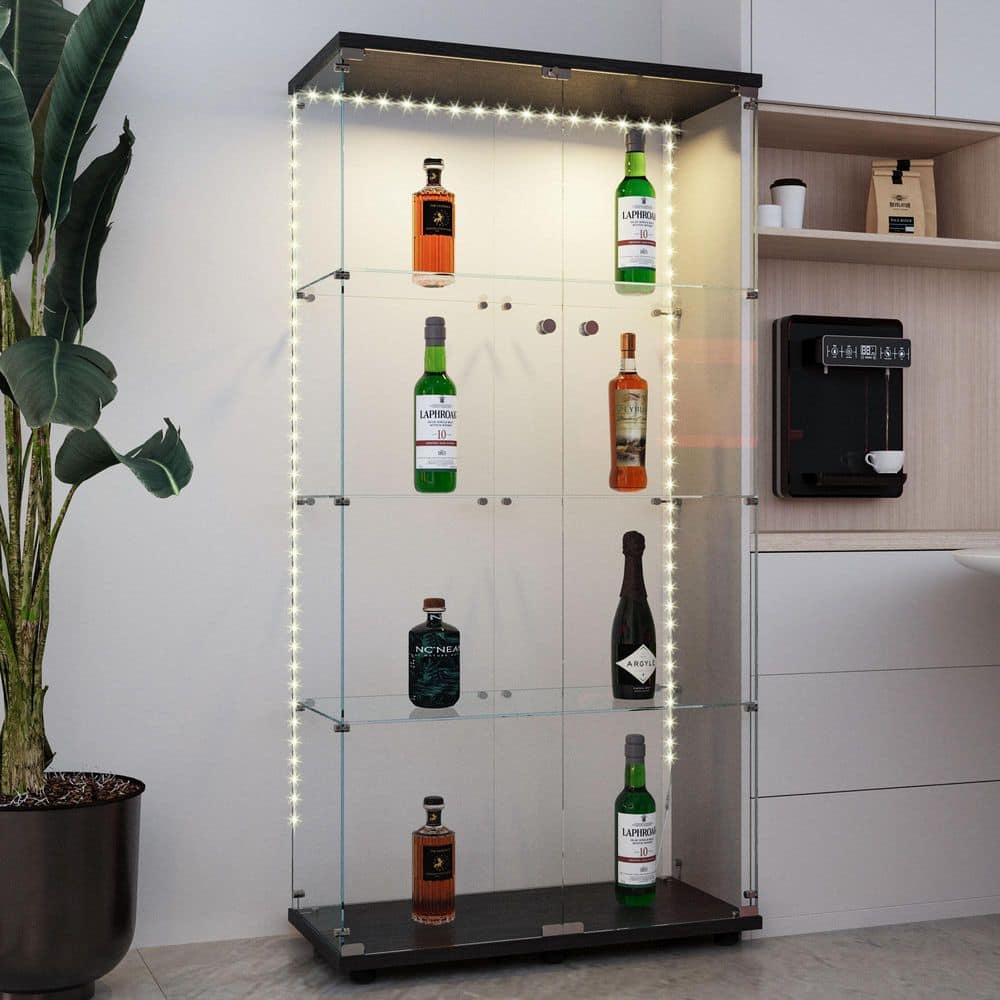 65.6 in. Tall Black-A Glass Bookcase Lockable Display 4-Shelves with ...