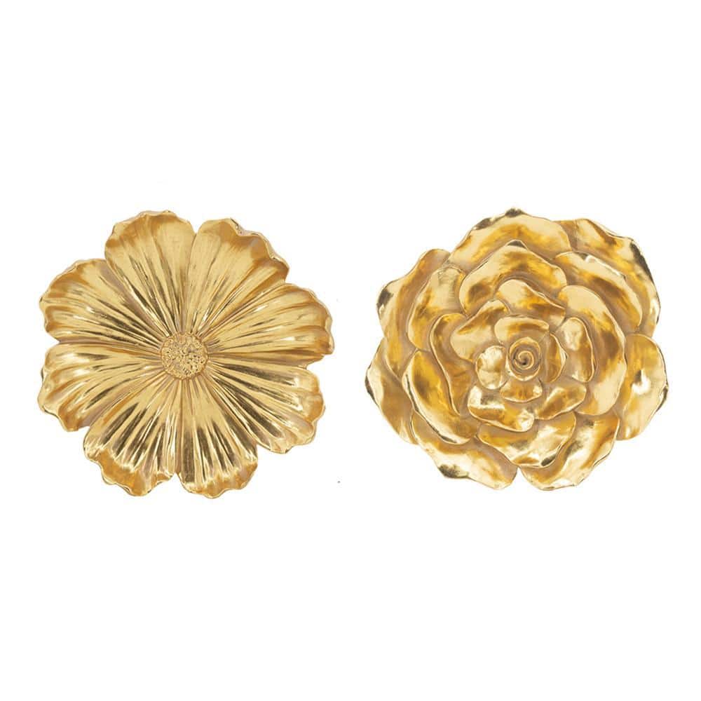 Benjara Dazzle 11 and 12 in. Gold Stoneware 3-D Floral Hanging Wall ...