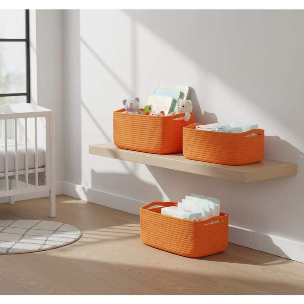3-Pack Orange Woven Storage Baskets with Handles (11.8×7.8×5.1 ...