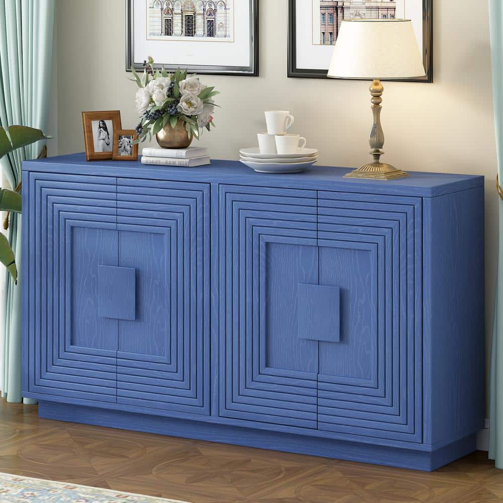 JUJABU Navy Blue Wood 60 in. 4-Door Sideboard with Adjustable Shelves ...