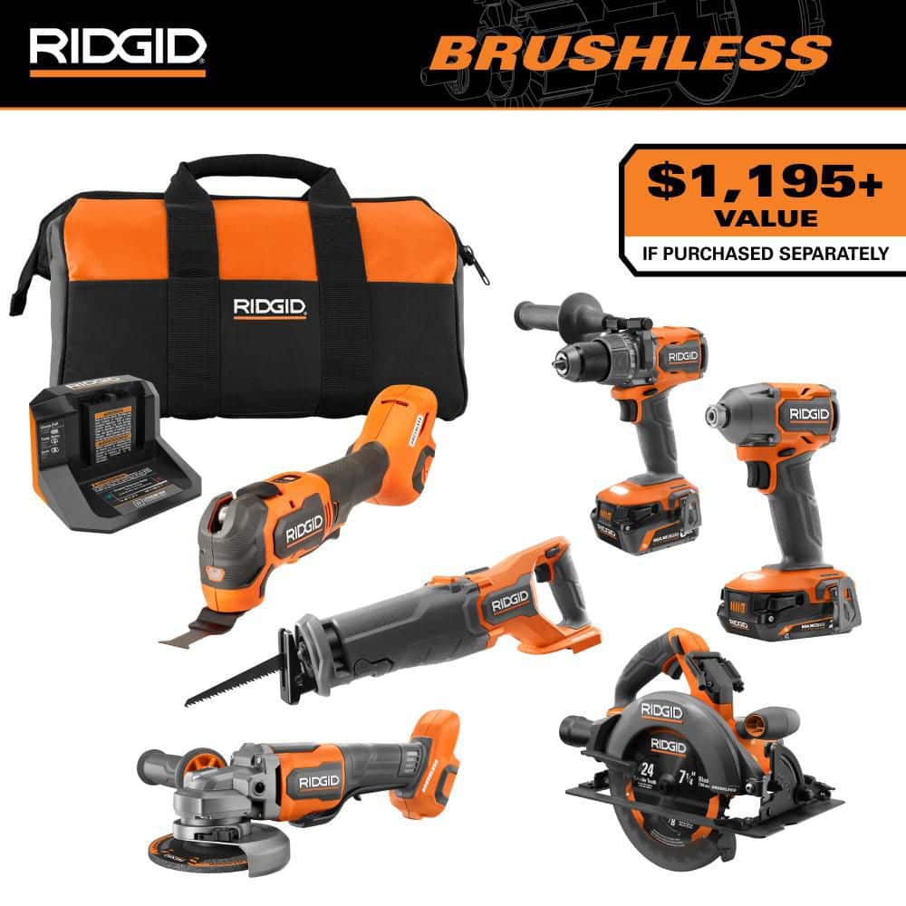 RIDGID 18V Brushless Cordless 6-Tool Combo Kit with 6.0 Ah and 2.0 Ah ...