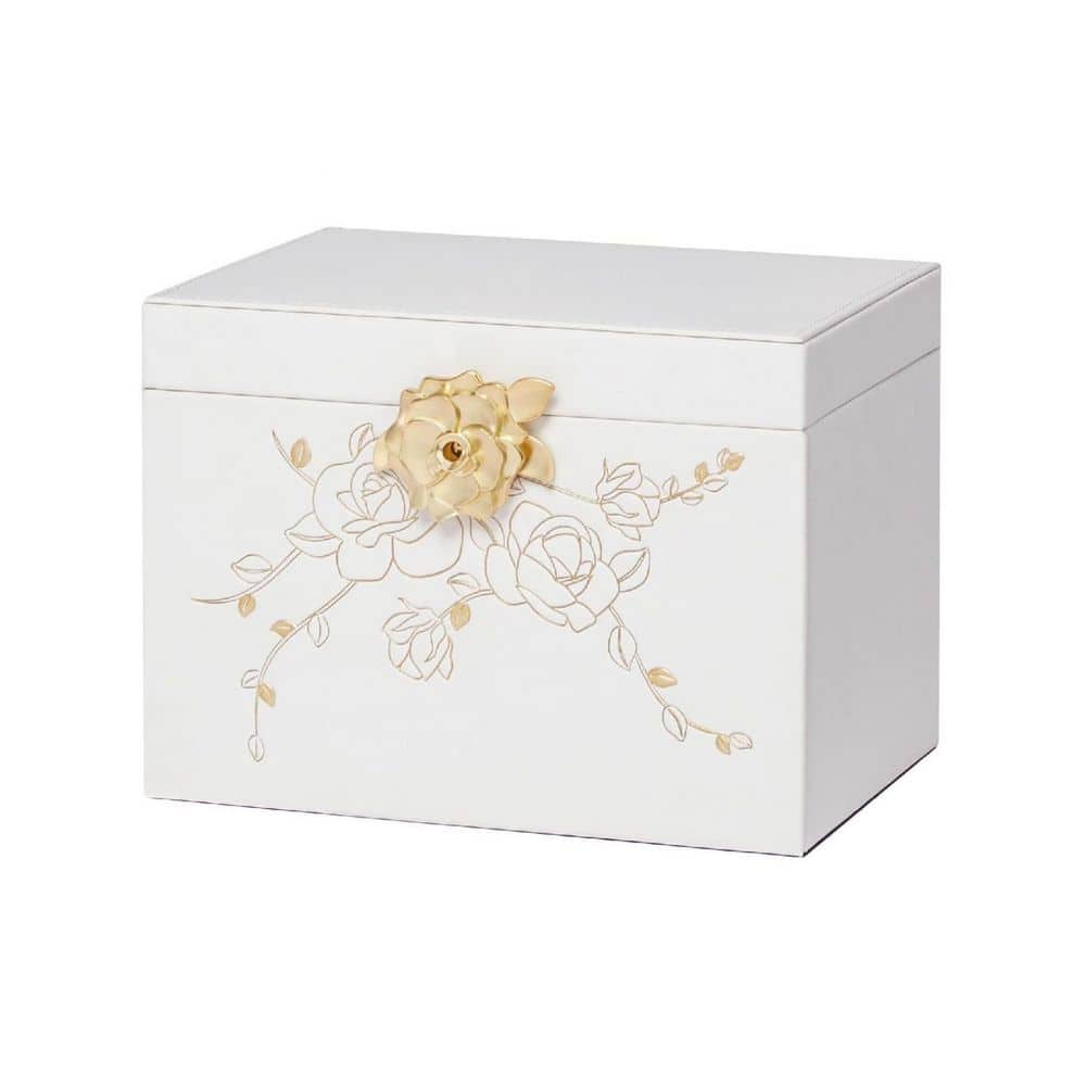 3-Drawer White Rectangular Faux Leather Jewelry Box with Lock ...