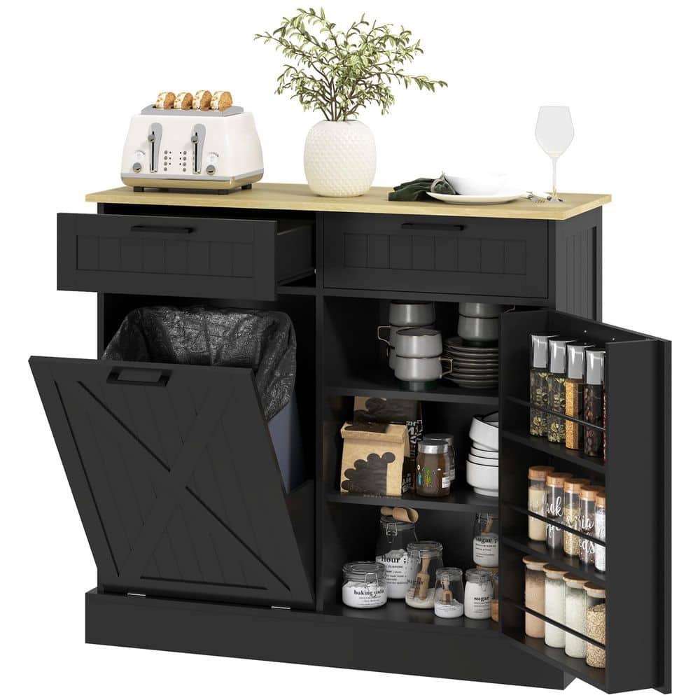 HOMCOM Black 39.4 in. Pantry Organizer Sideboard with Tilt Out Trash ...