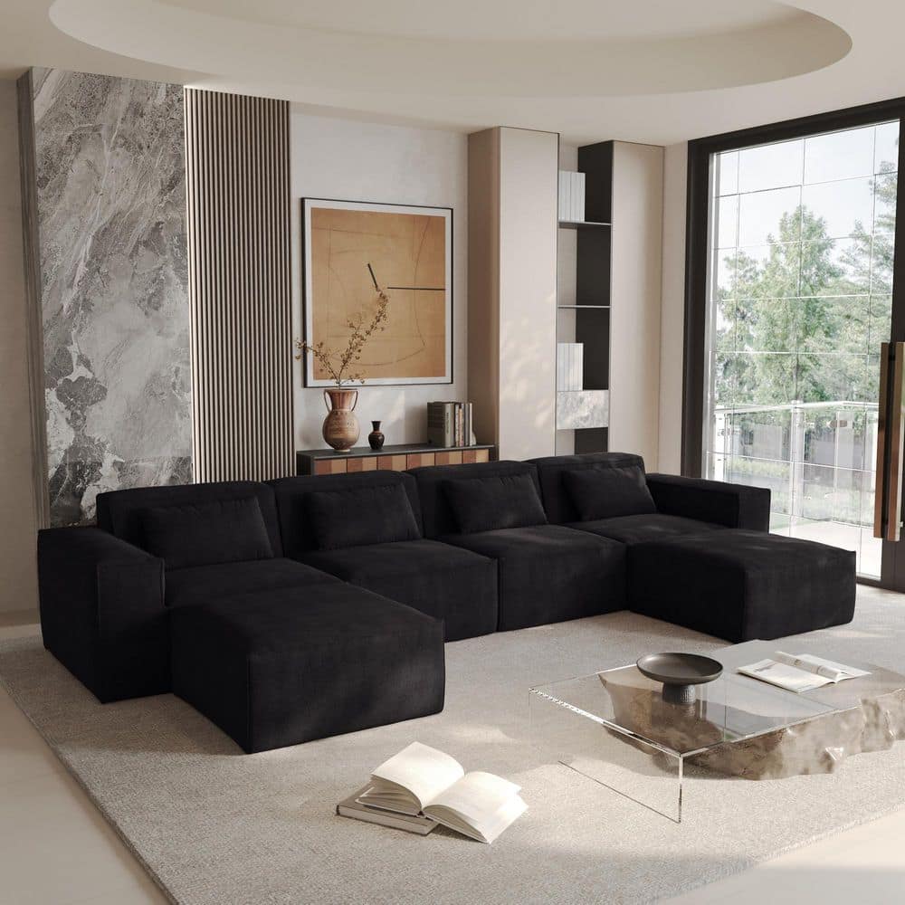 J&E Home 149.62 in. Square Arm Velvet Fabric U-Shaped Modular Sofa in ...
