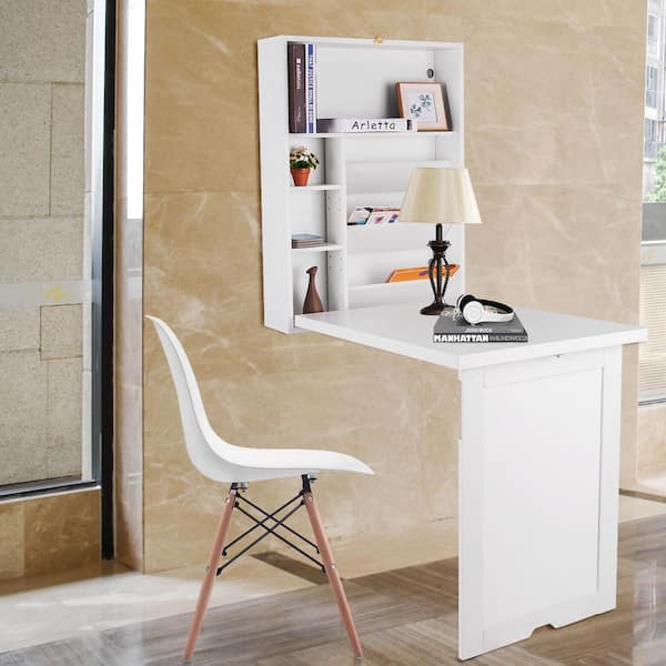 Costway 37.5 in. Rectangular White Floating Desks with Solid Wood Design GHMHSKU00789