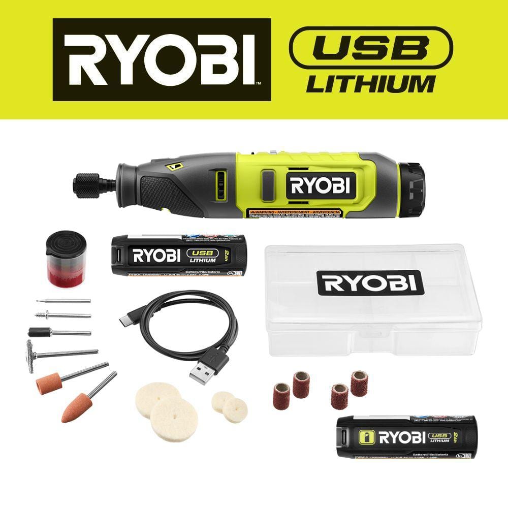 RYOBI USB Lithium Rotary Tool Kit with USB Lithium 2.0 Ah Lithium ...