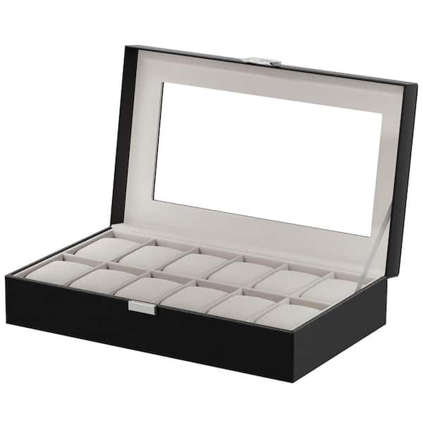 Black 12-Slot PU Leather Watch Box with Glass Lid Z0CJ2N5VYS - The Home ...