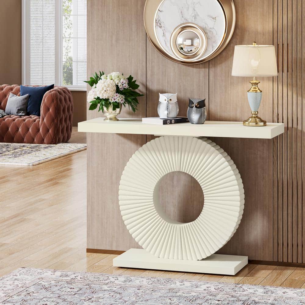 BYBLIGHT 39.37 in. White Rectangle Engineered Wood Modern Console Table ...